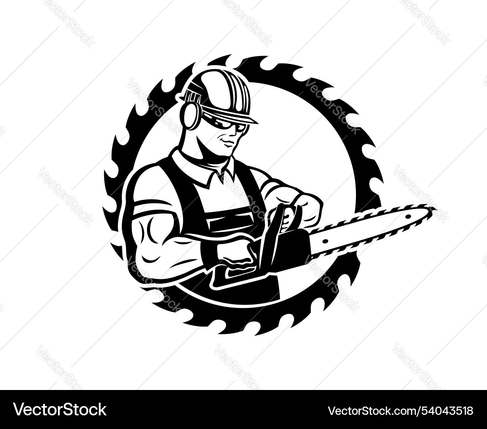 Round icon of construction worker with chainsaw Vector Image