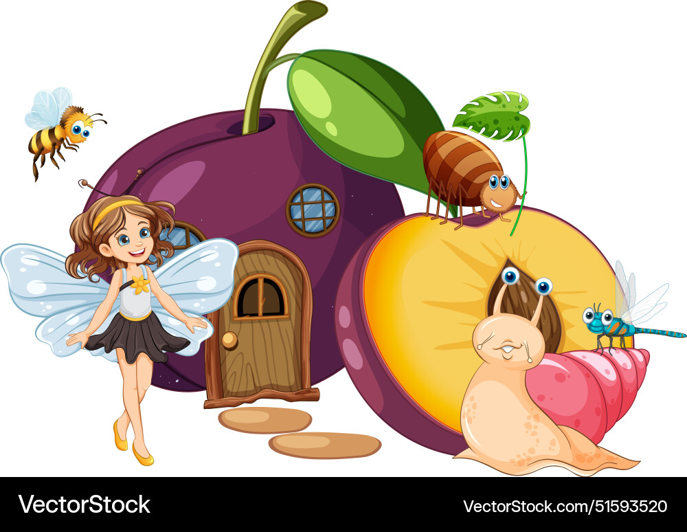 Fairy with insects around a fruit house Royalty Free Vector