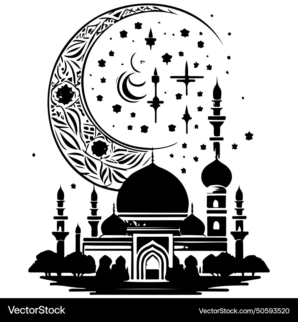 Ramadan kareem moon mosque sketch draw Royalty Free Vector