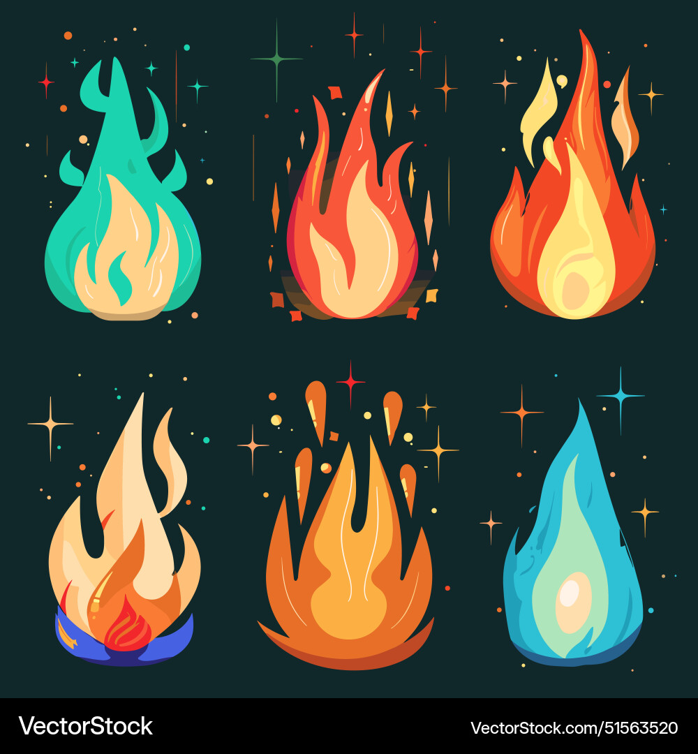 Six stylized flames unique design colors sparkle Vector Image
