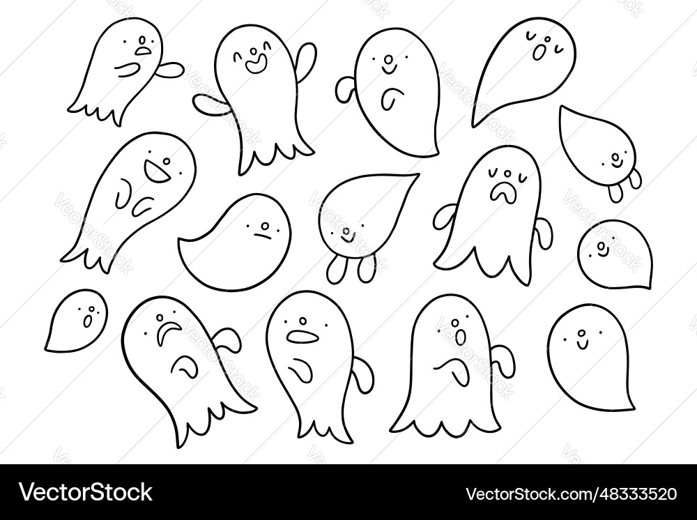 Spooky doodle ghosts with black outline set Vector Image