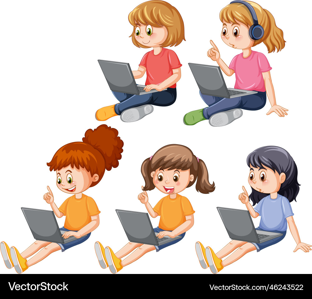 Cartoon kids using laptops for online learning Vector Image