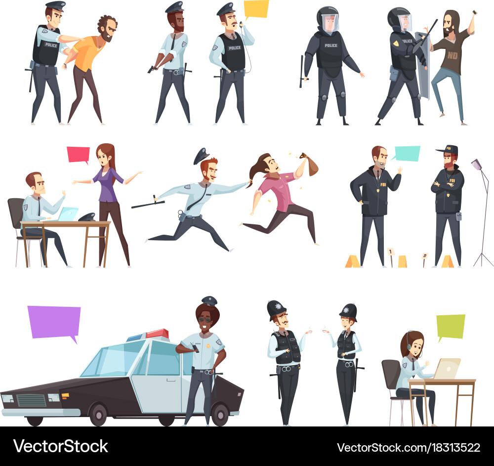 Policemen in work cartoon set Royalty Free Vector Image