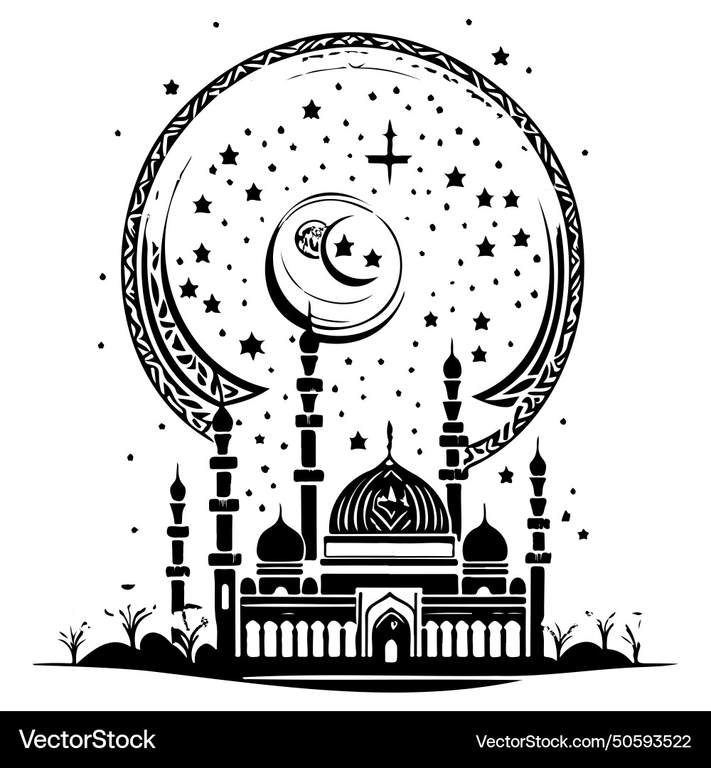 Ramadan kareem moon mosque sketch draw Royalty Free Vector
