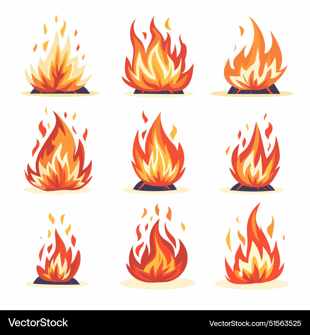 Nine different cartoon fire flames designs varying