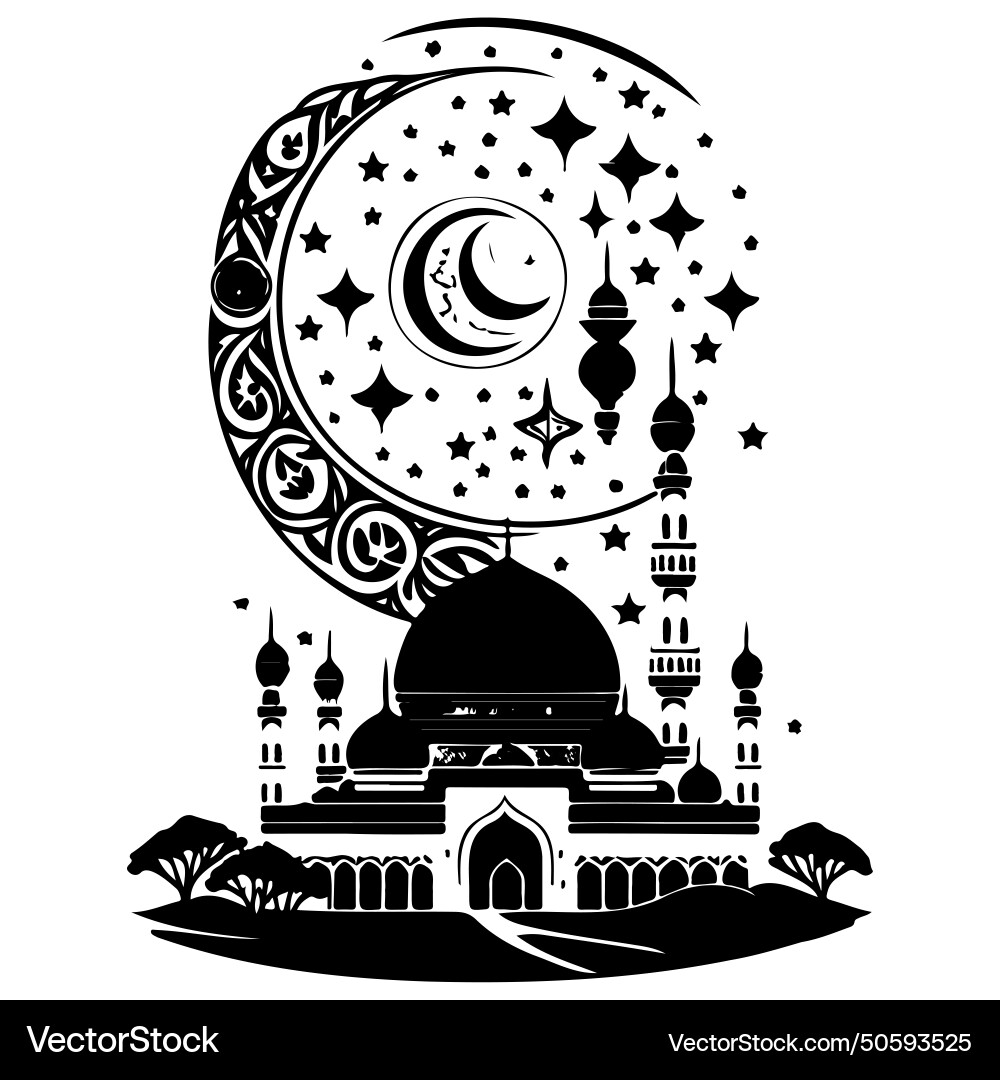 Ramadan kareem moon mosque sketch draw Royalty Free Vector