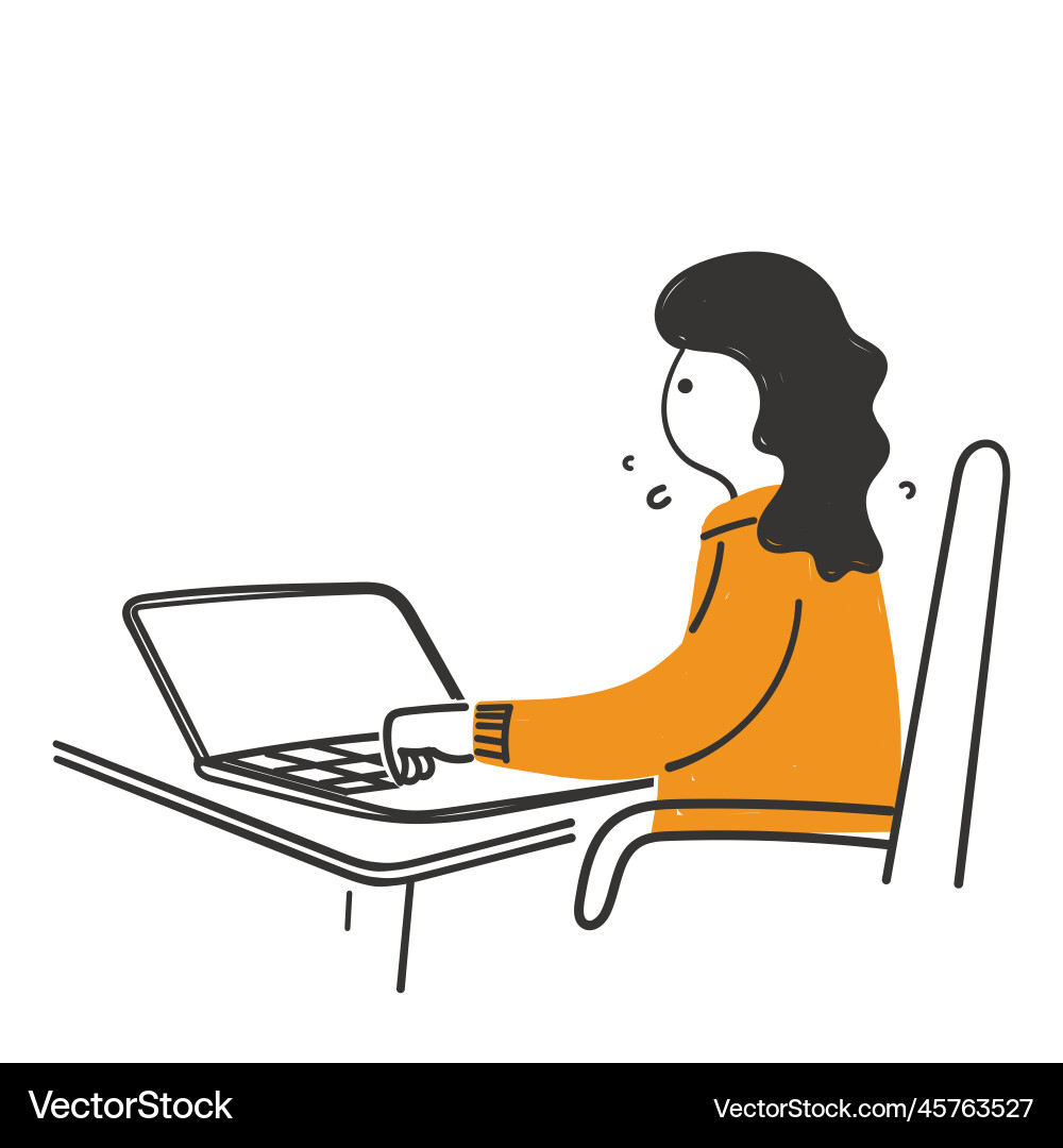 Hand drawn doodle woman working on laptop Vector Image
