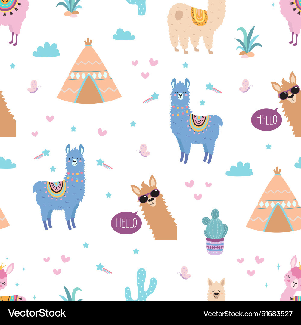 Seamless pattern with cute cartoon llamas Vector Image