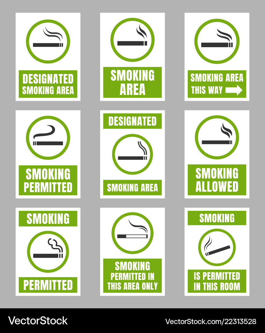 Designated smoking area sign set place Royalty Free Vector