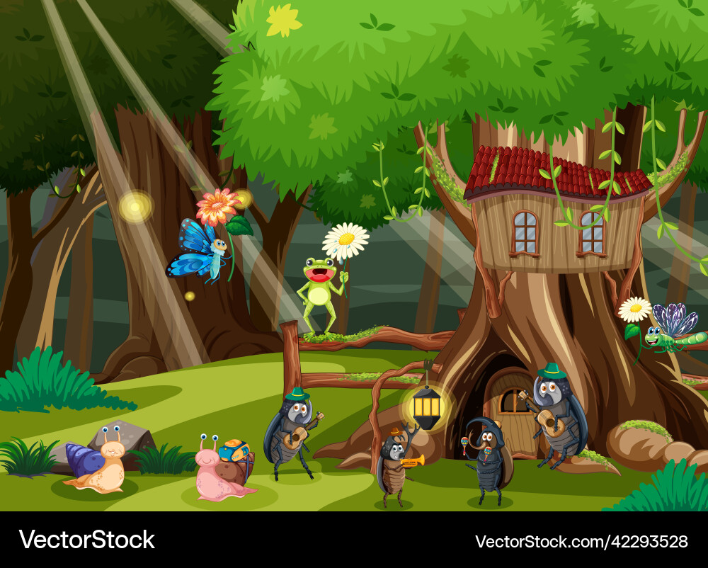 Fantasy forest with cartoon insects Royalty Free Vector
