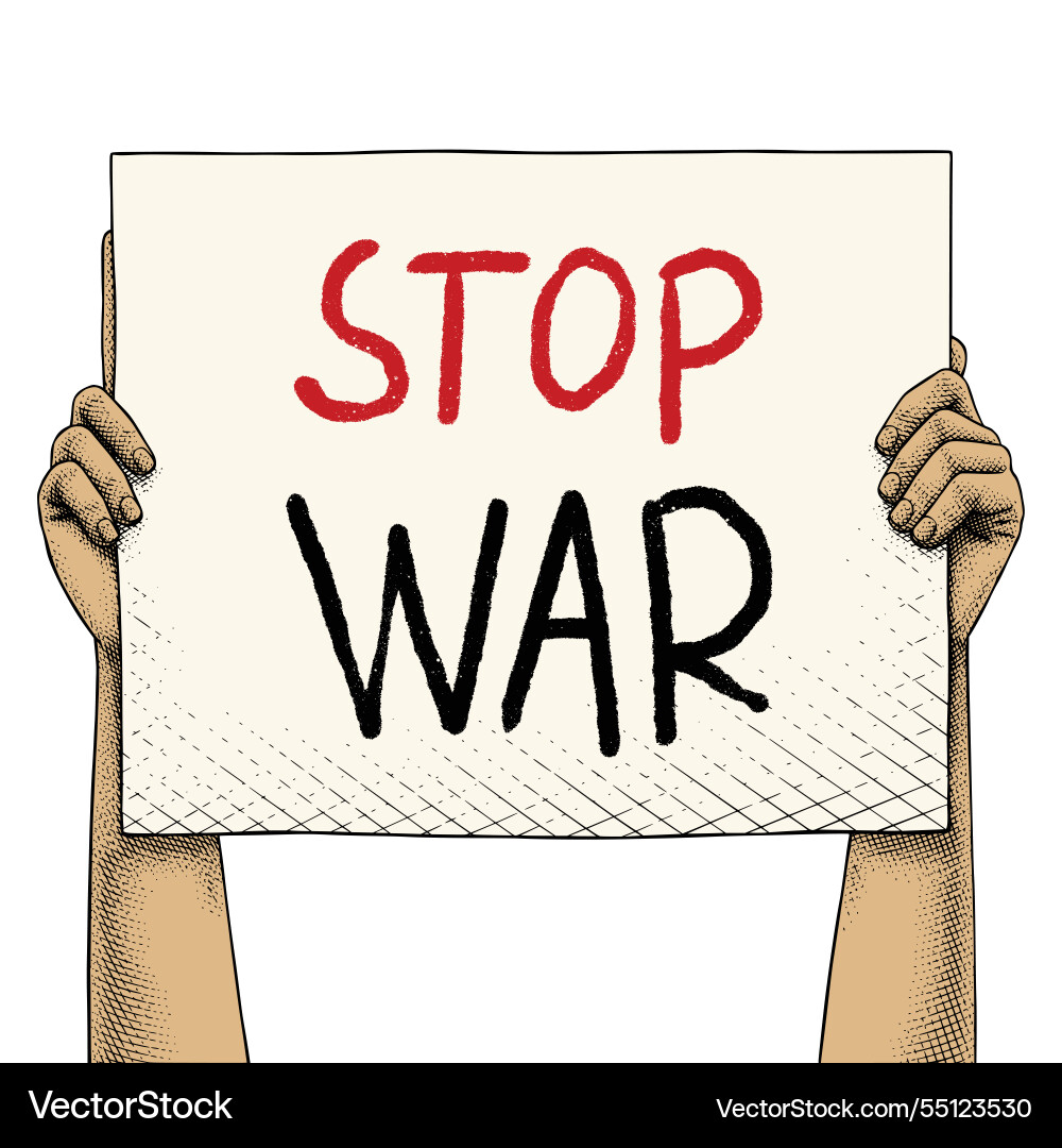 Hand raises a sign that says stop war colored Vector Image