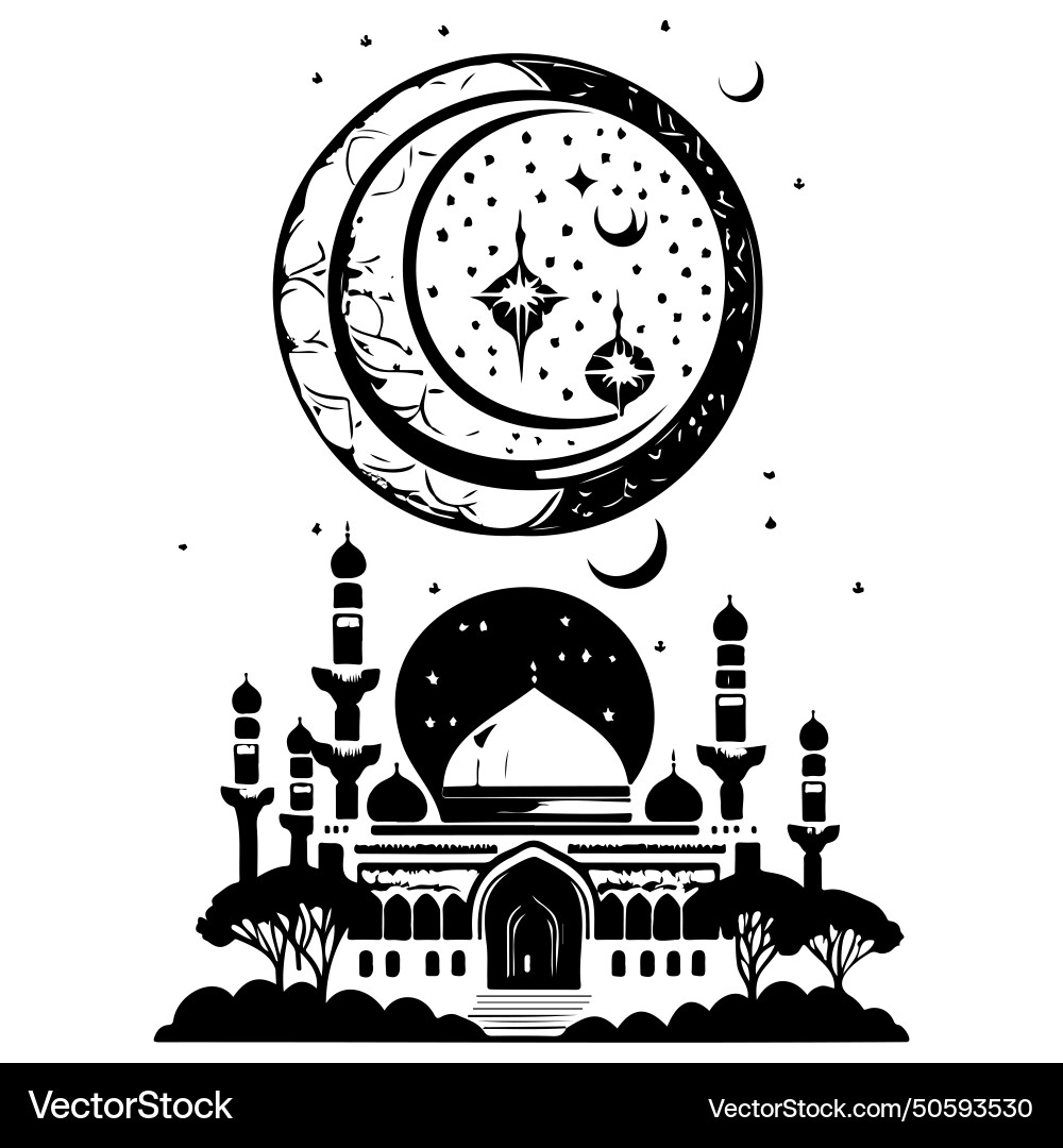 Ramadan kareem moon mosque sketch draw Royalty Free Vector