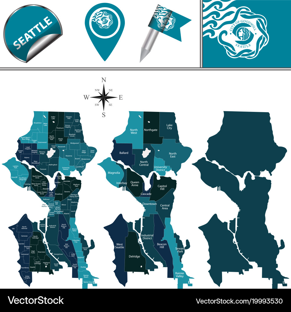 Seattle Districts Map Royalty Free Vector Image