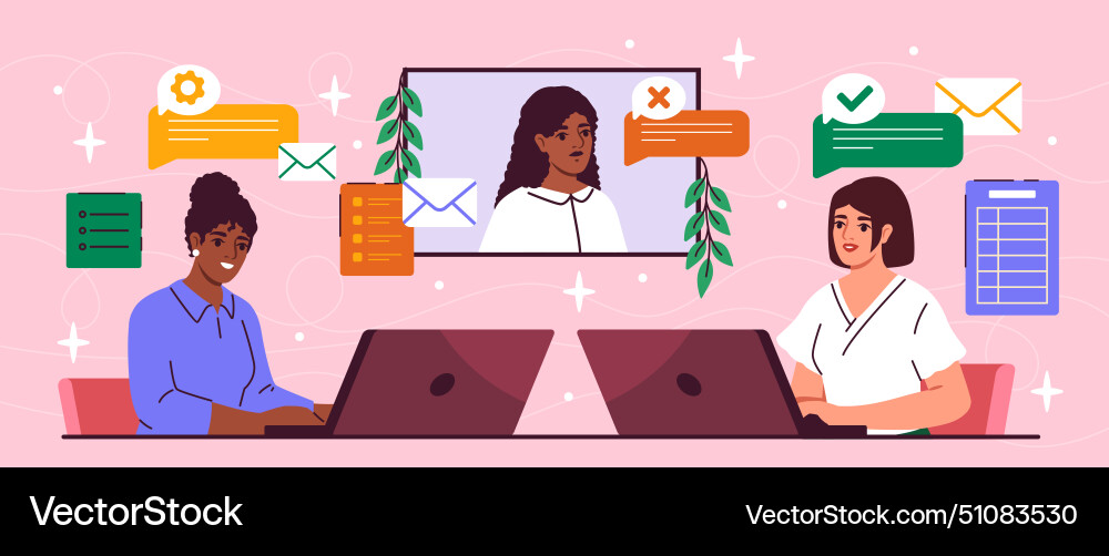 Two animated women engaged in a video call Vector Image