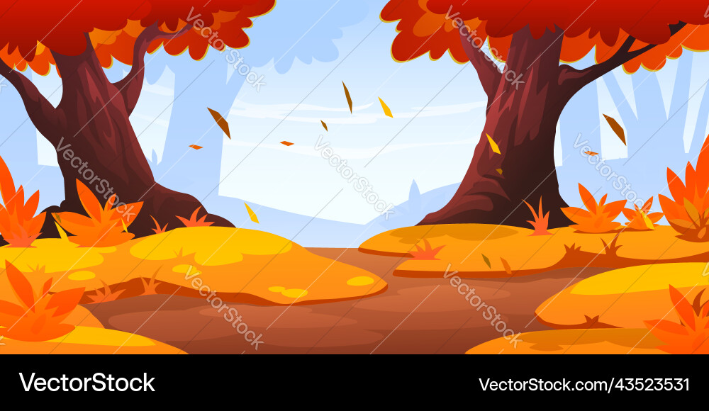 Autumn forest landscape with orange tree and grass