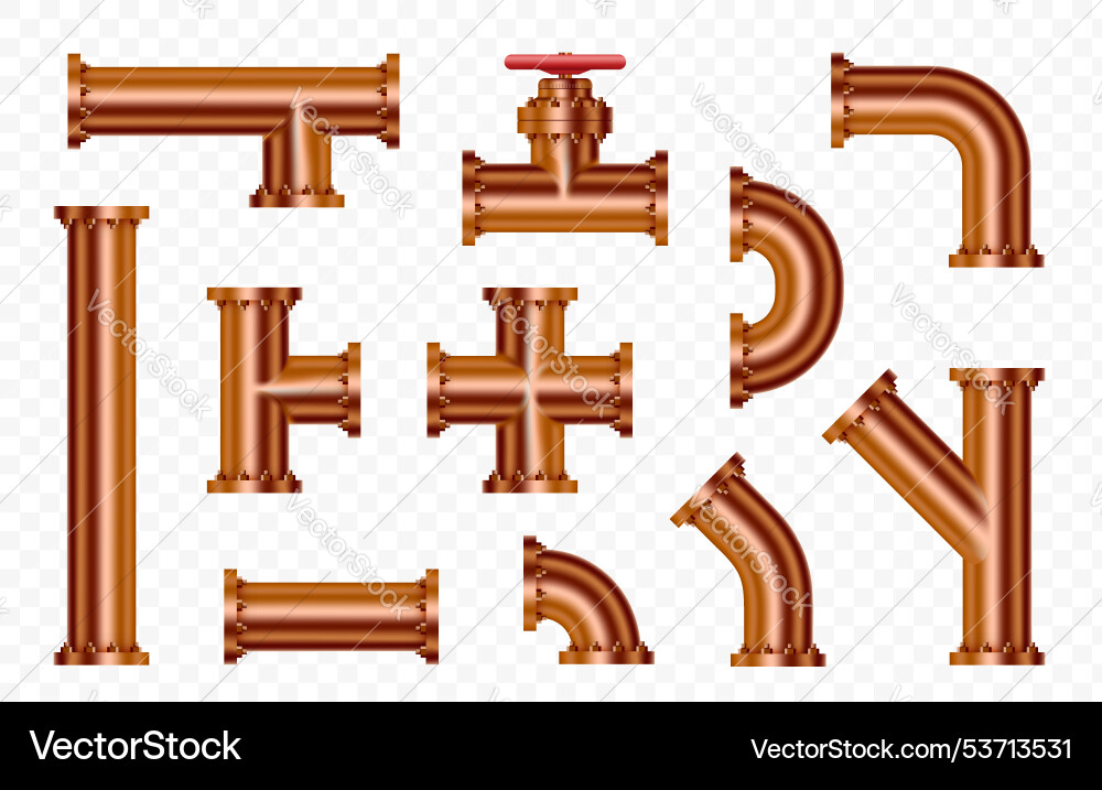 Metal copper pipeline elements with valve Vector Image