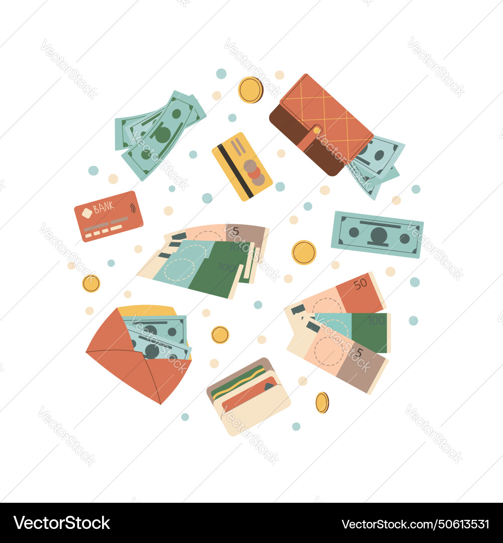 Money set circle composition isolated on white Vector Image