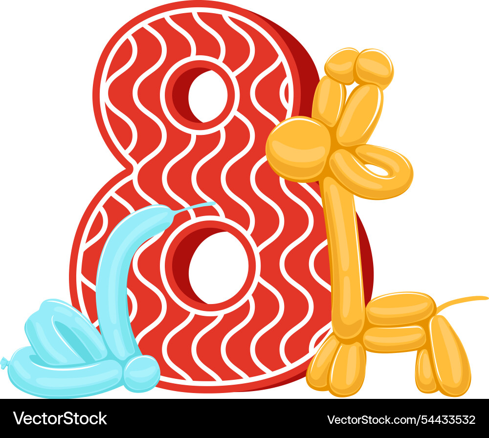 A number 8 is surrounded by balloons and a giraffe