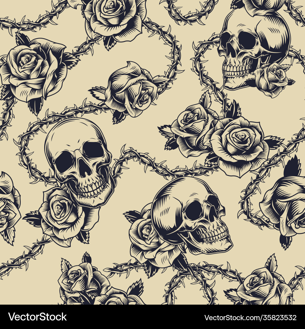 Barbed Wire Roses & Skull Pattern Royalty Free Vector