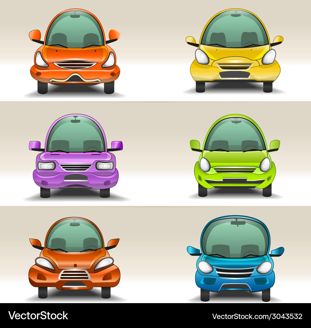 Colorful cartoon cars front view Royalty Free Vector Image