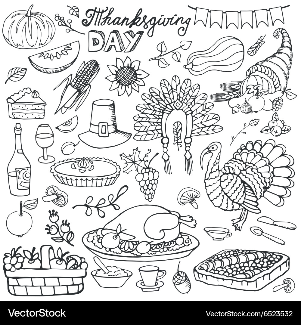Thanksgiving day doodle iconslinear set Royalty Free Vector