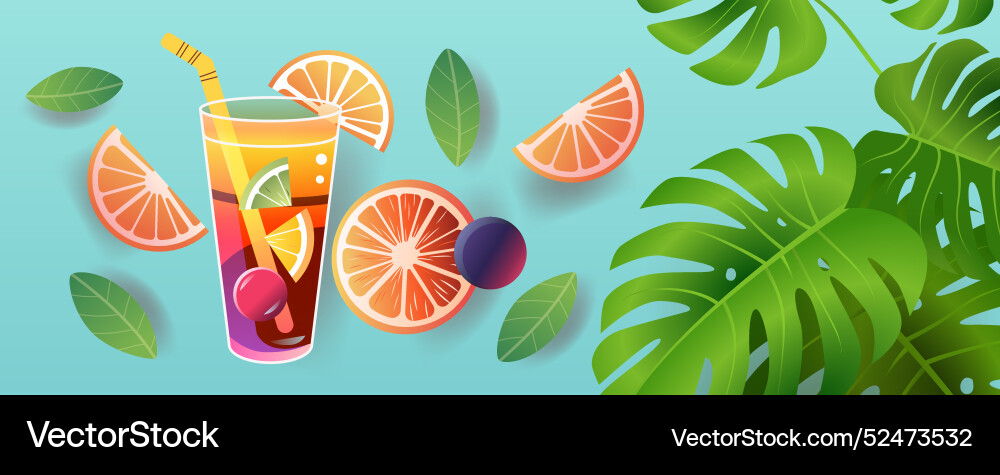 Tropical drink with citrus slices and leaves Vector Image