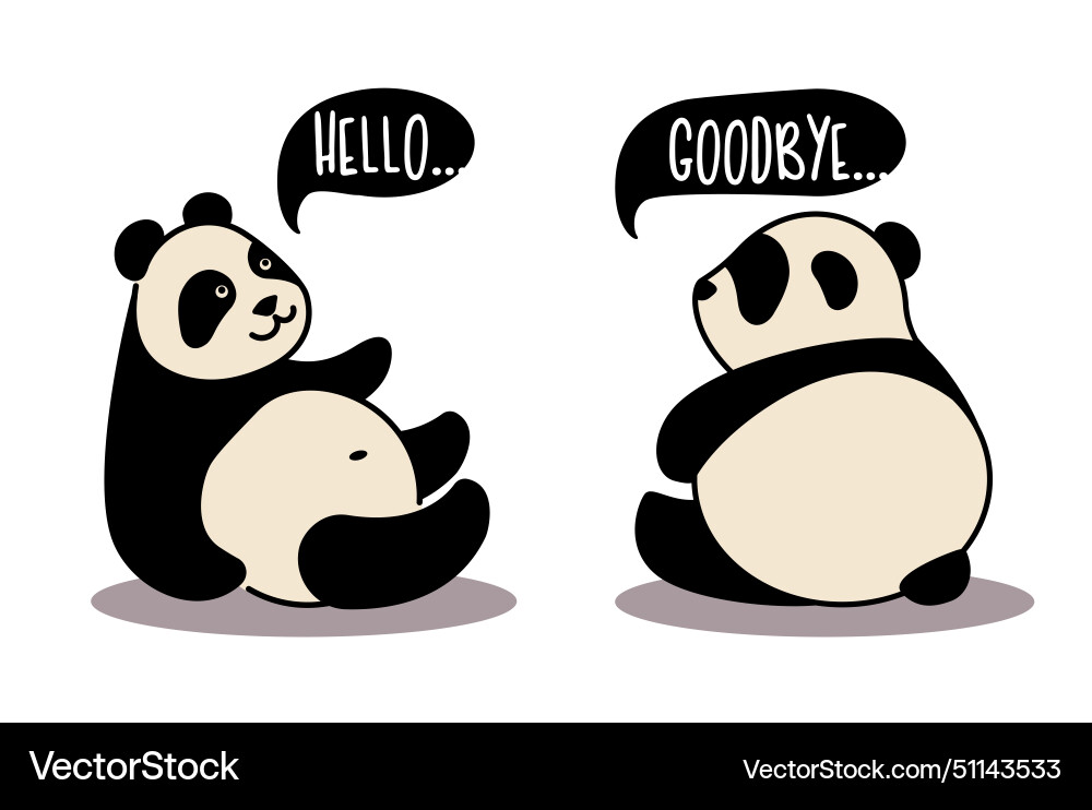 Two cute pandas with inscription hello and goodbye