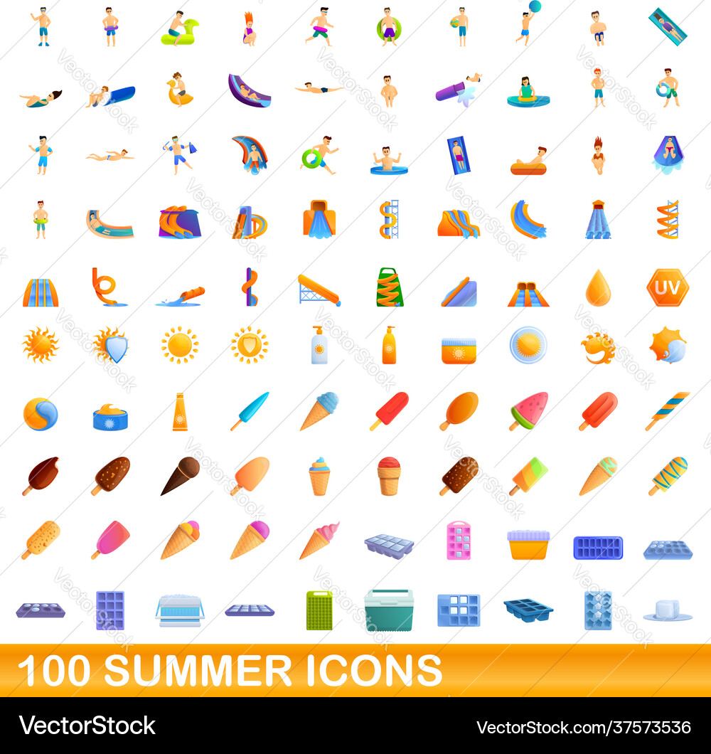 100 summer icons set cartoon style Royalty Free Vector Image