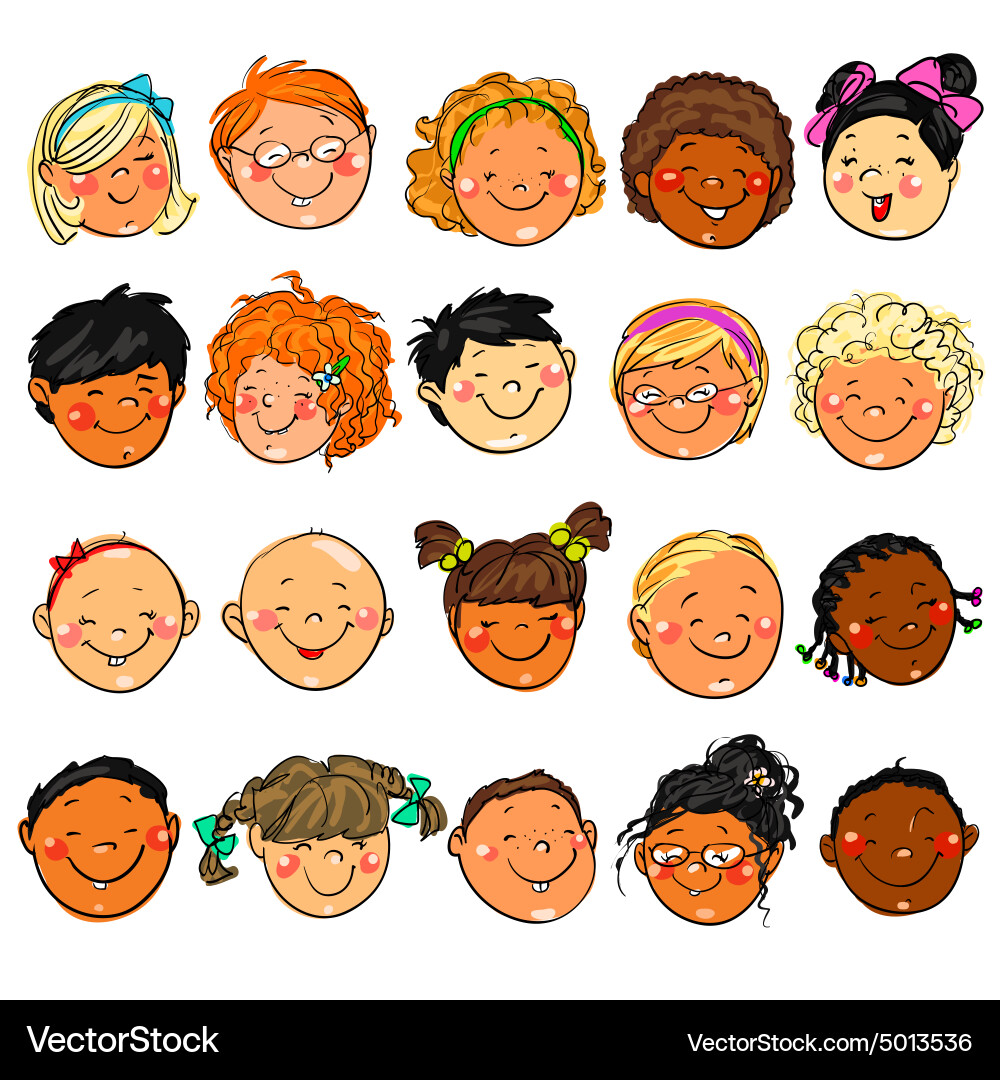 Happy kids faces hand drawn clip-art Royalty Free Vector