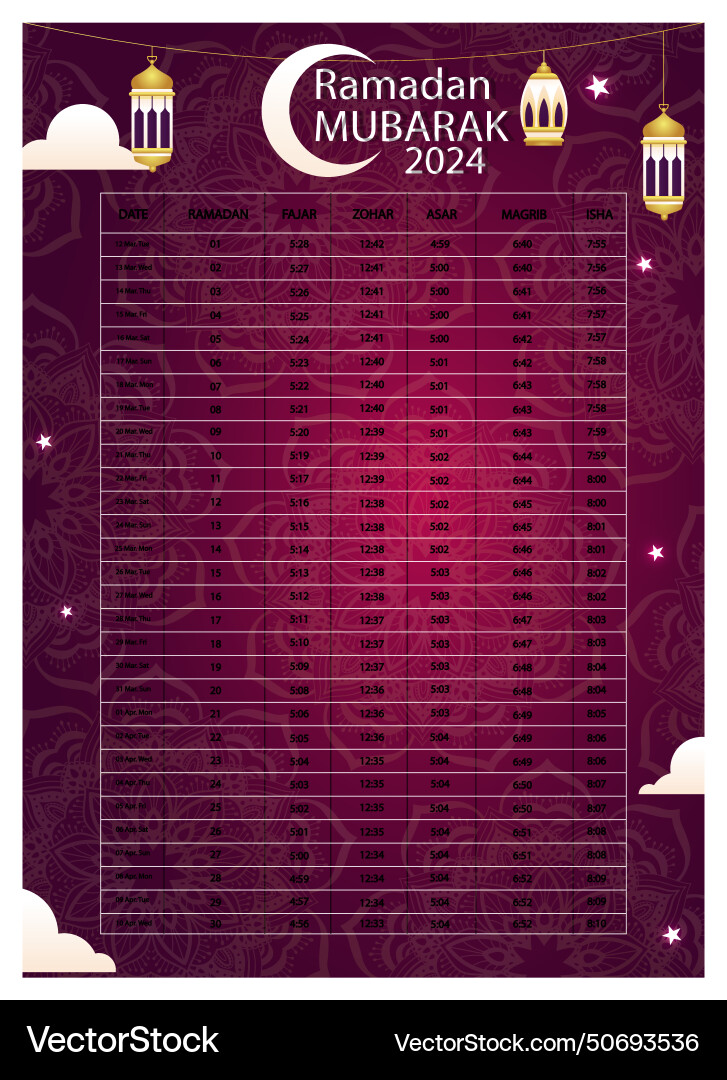 Ramadan kareem timing calendar a3 islamic Vector Image