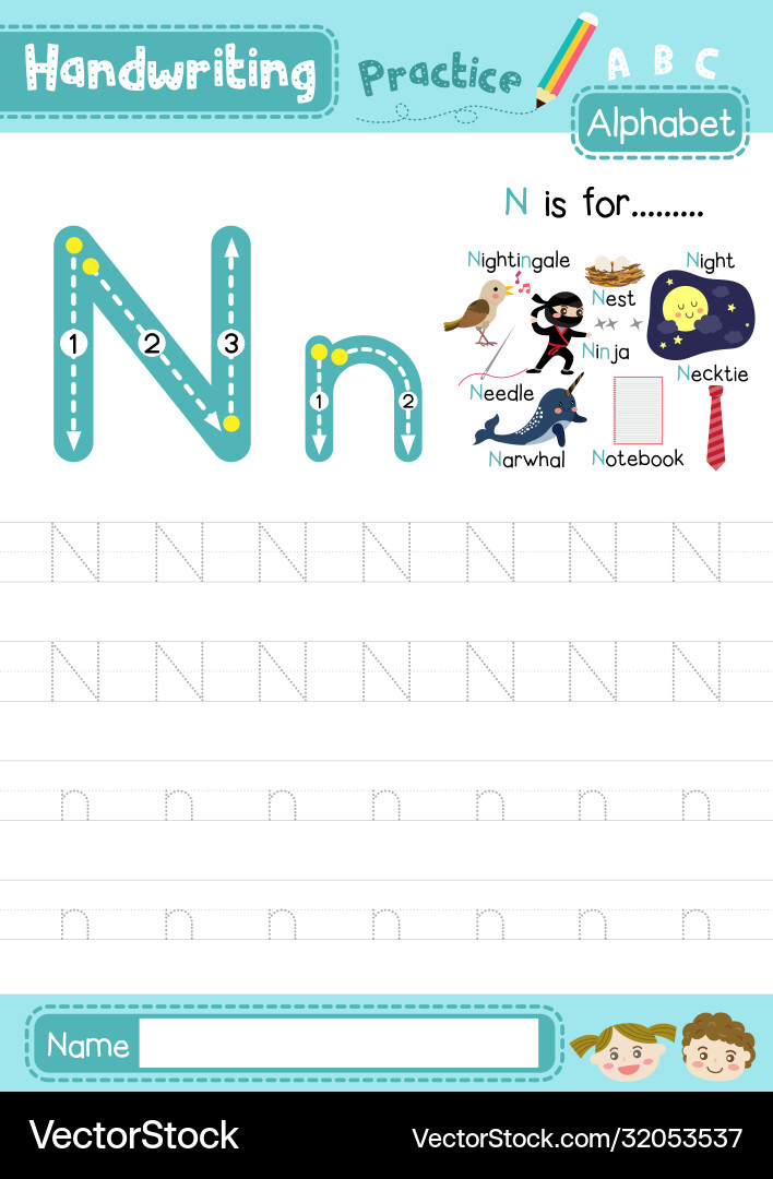 Letter n uppercase and lowercase tracing practice Vector Image