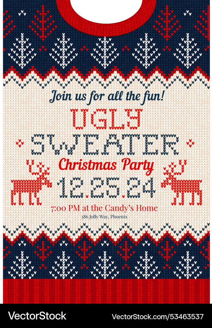 Ugly sweater christmas party cards knitted Vector Image