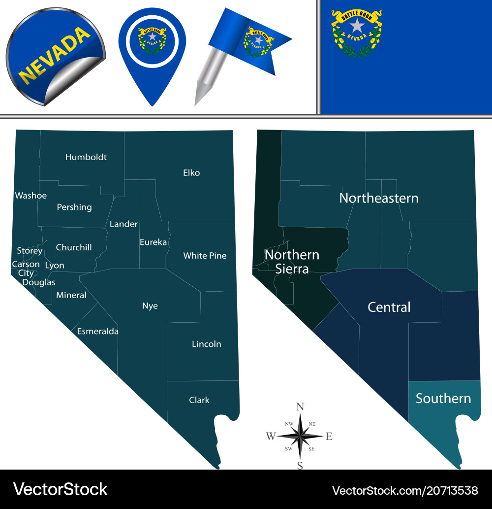 Map of nevada with regions Royalty Free Vector Image