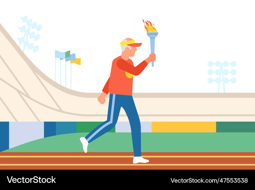 Old male runner carries torch with olympic flame Vector Image