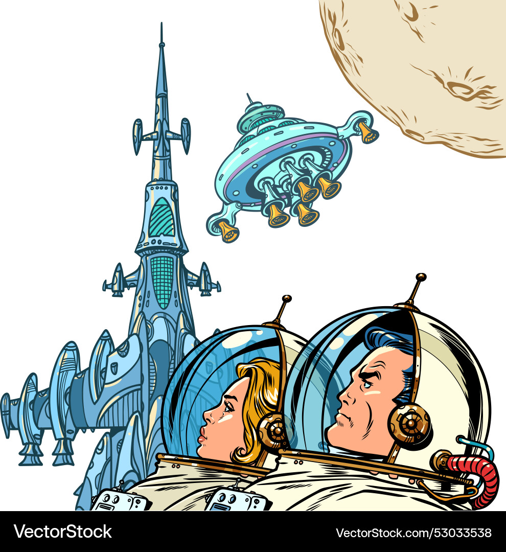 Pop art retro astronauts look together at a space Vector Image