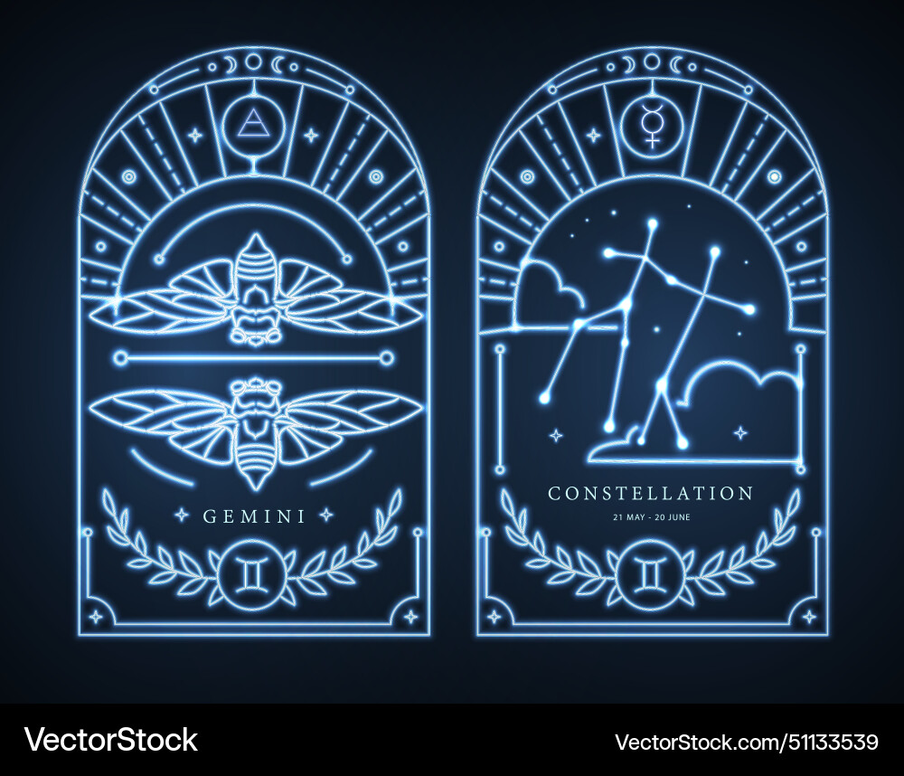 Neon magic cards with astrology gemini zodiac sign