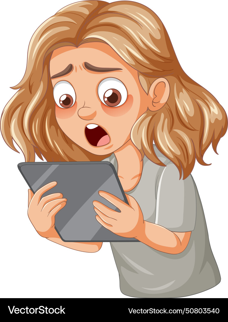 Cartoon of a girl surprised while using tablet Vector Image