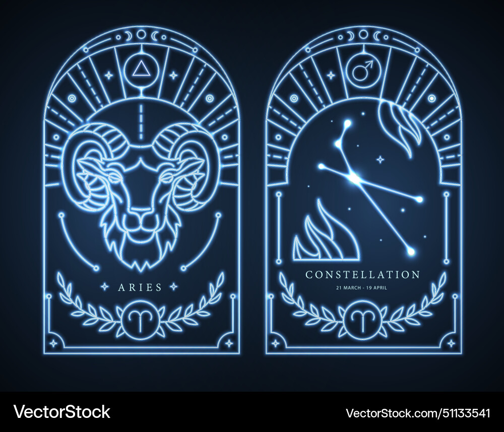 Neon magic cards with astrology aries zodiac sign Vector Image