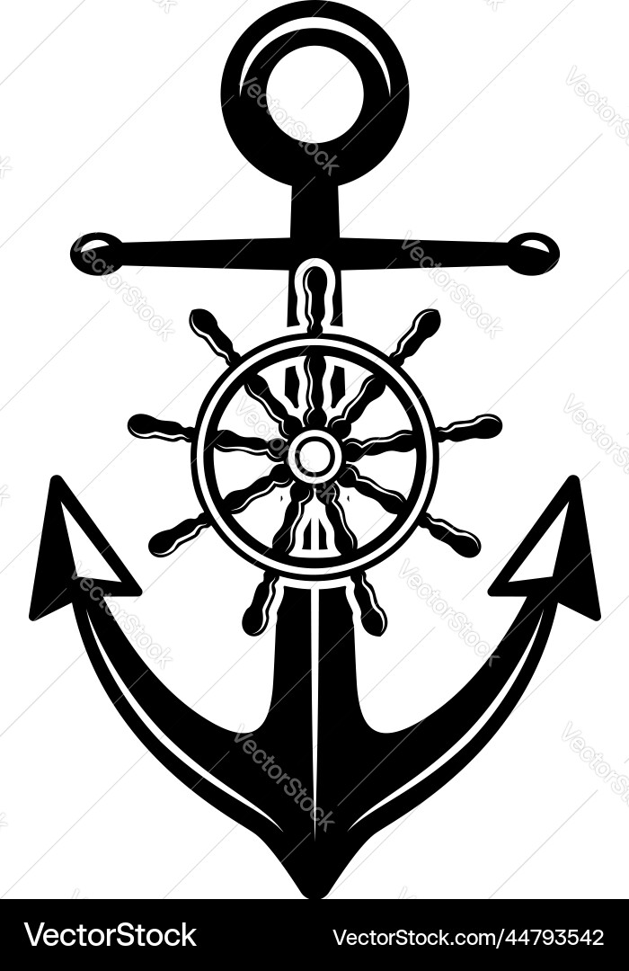 An anchor with ship steering wheel in monochrome Vector Image