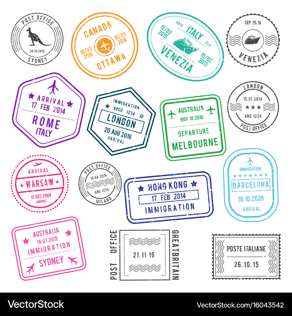 Postal and visa different stamps with airport Vector Image