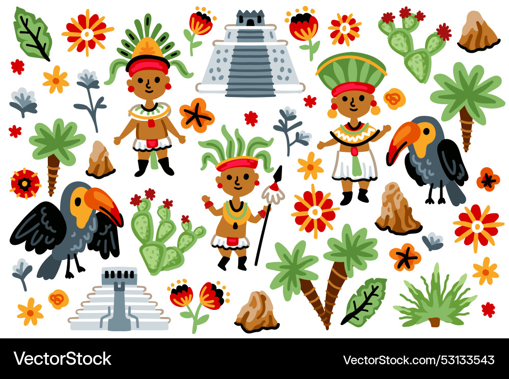 Set of maya characters aztec childish pyramid Vector Image