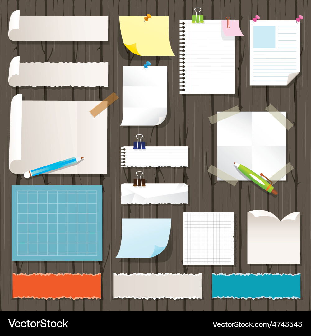 Various kind of paper objects on wood background Vector Image