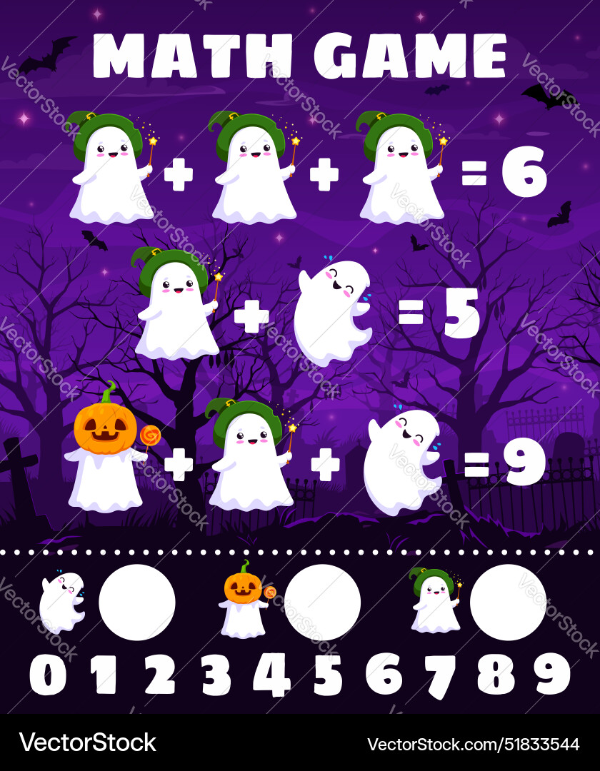 Halloween math game cute kawaii ghost characters Vector Image