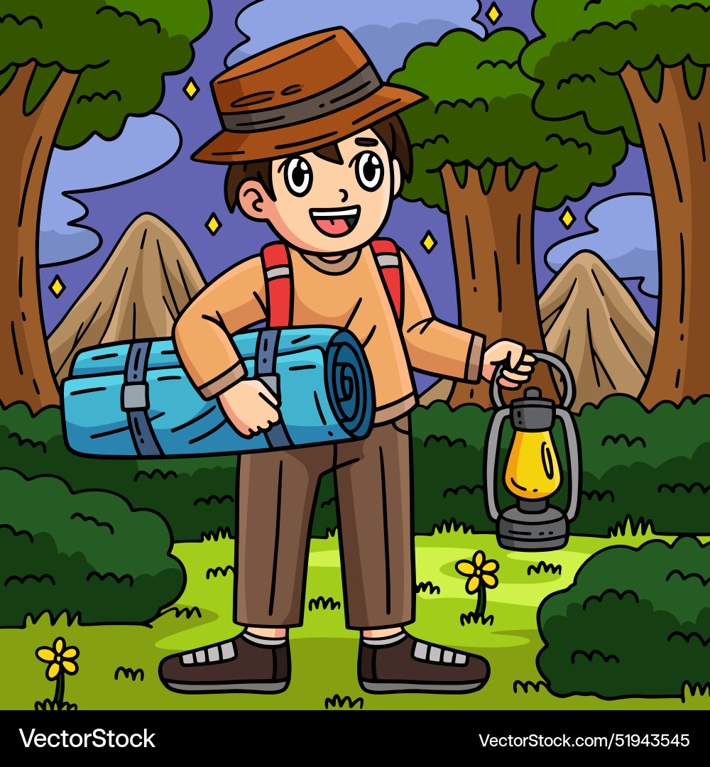 Camping camper with a sleeping bag colored cartoon