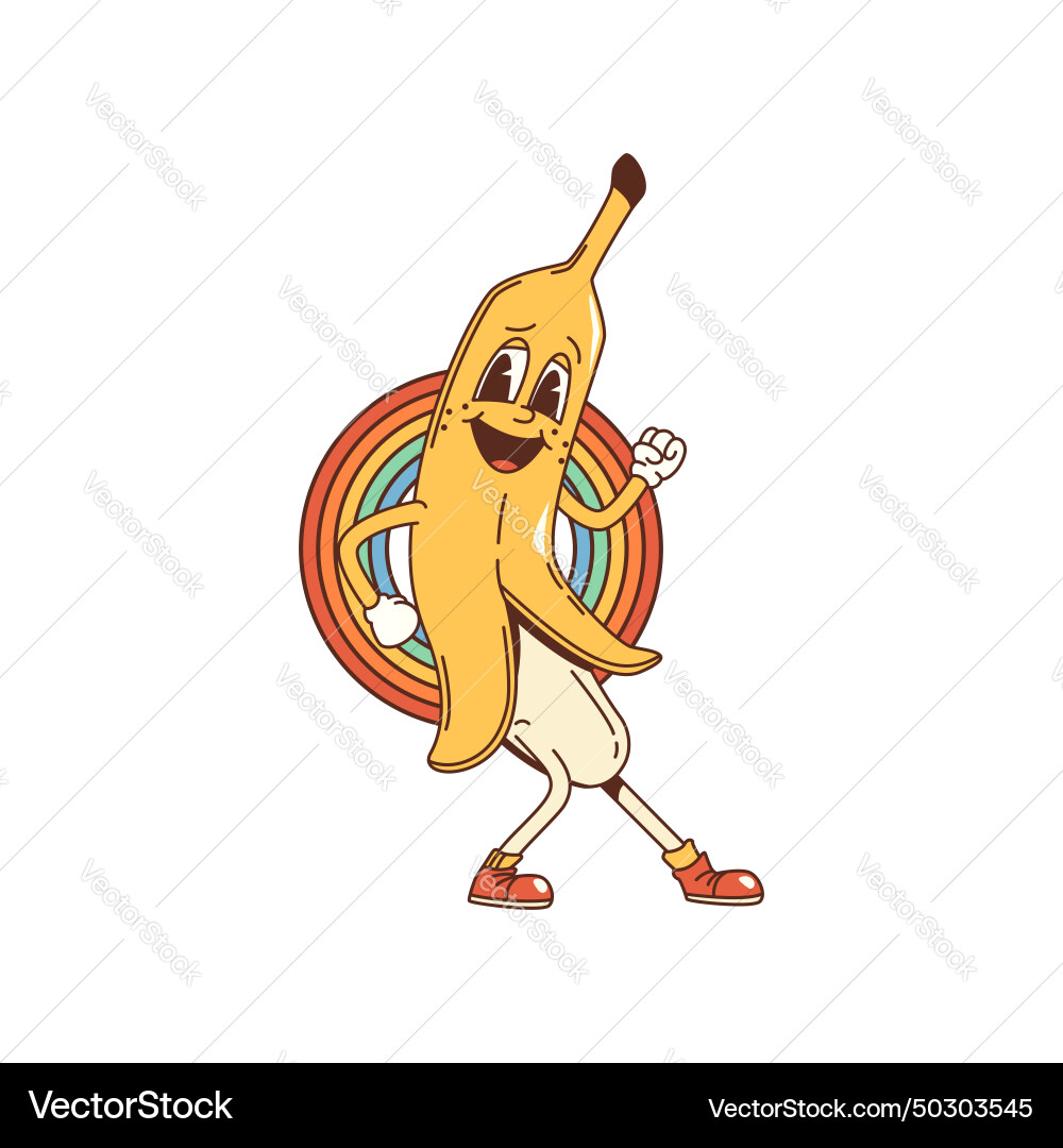 Cartoon groovy banana character psychedelic fruit Vector Image
