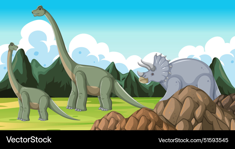 Dinosaurs roaming in a scenic prehistoric Vector Image