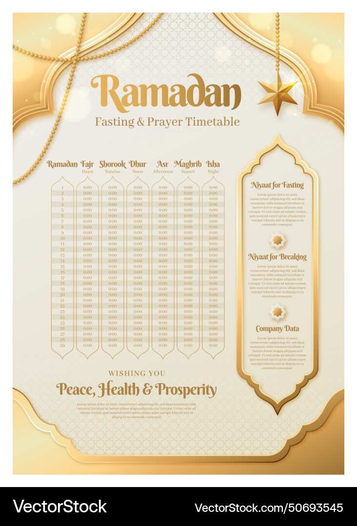 Ramadan kareem timing calendar a3 islamic Vector Image