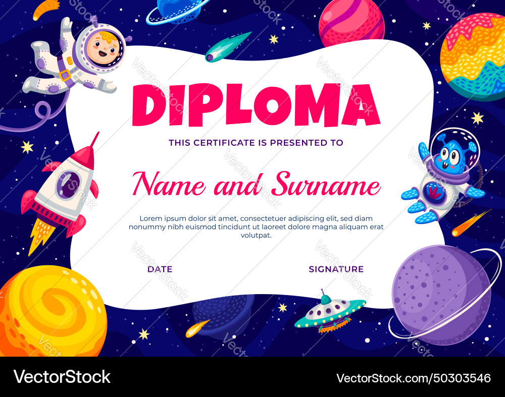 Astronaut diploma with kid spaceman space planets Vector Image