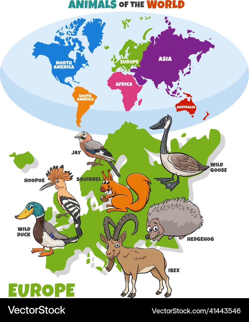 European Animals & World Map Royalty Free Vector Image