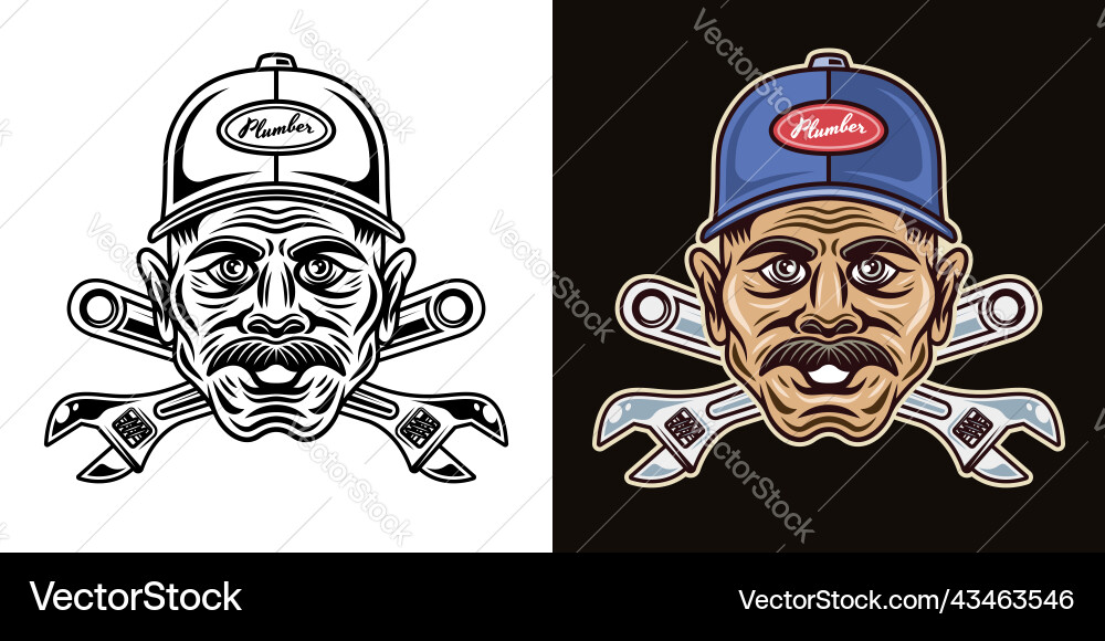 Plumber man head in cap hat and two crossed Vector Image